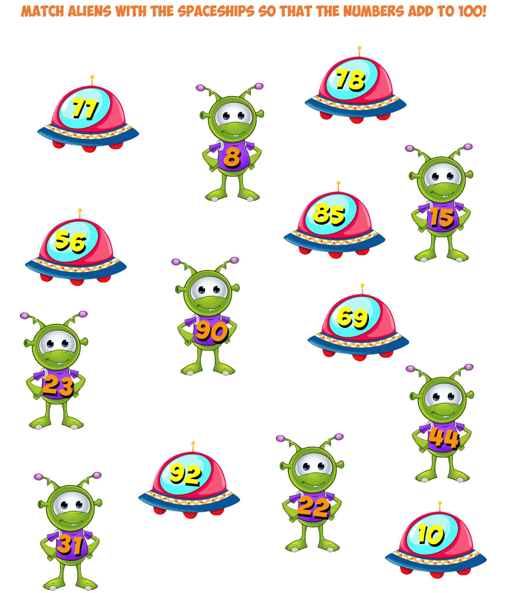 Alien Match Worksheet Add to 100 – Mr. R.'s World of Math