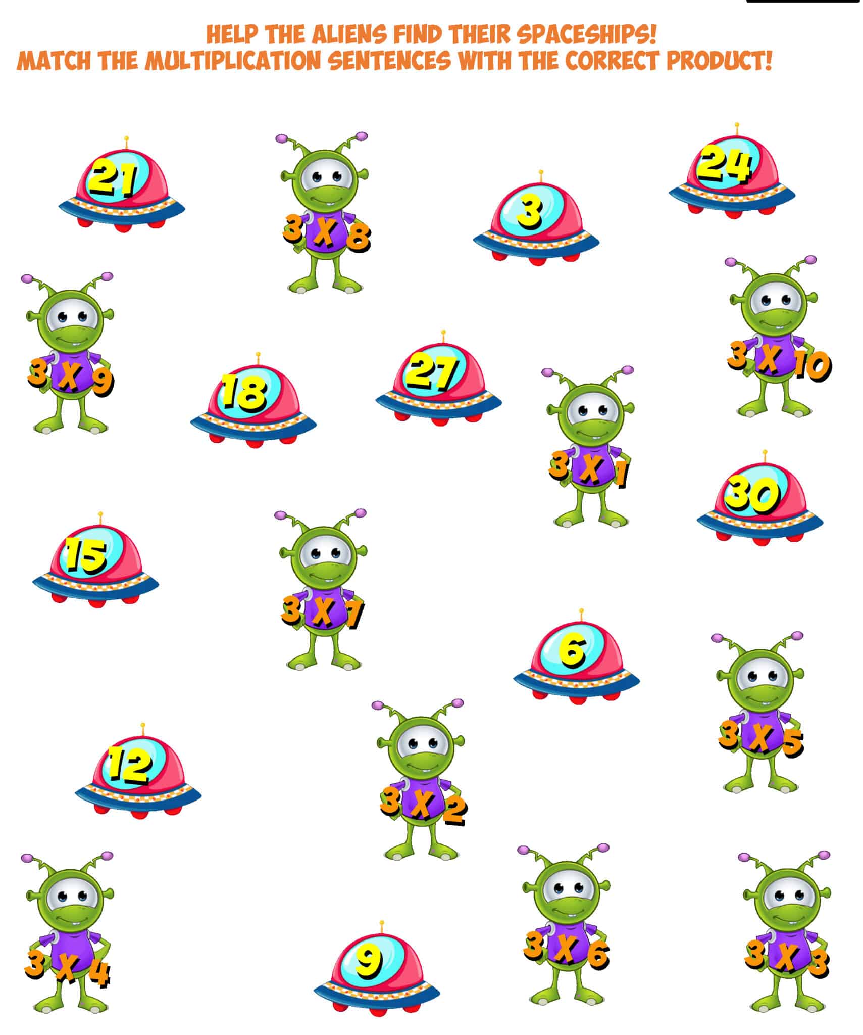 Alien Match Worksheet 3X Multiplication Facts – Mr. R.'s World of Math