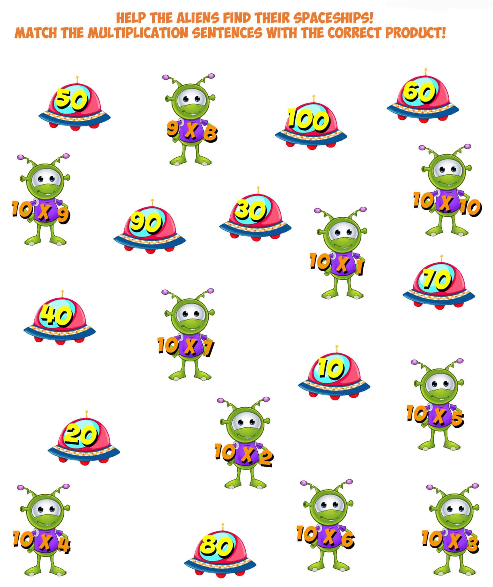 Alien Match Worksheet 10X Multiplication Facts - Mr. R.'s World of Math