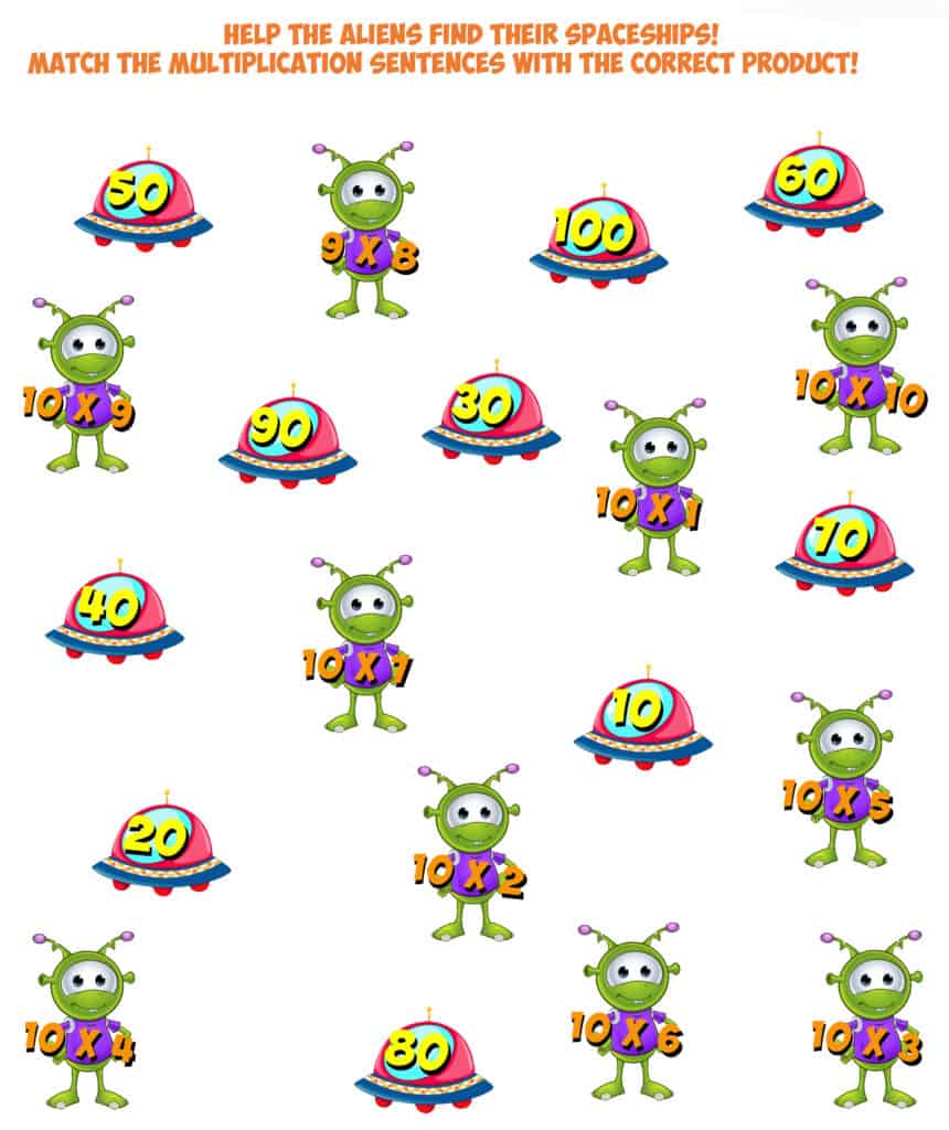 Alien Match Worksheet 10X Multiplication Facts - Mr. R.'s World of Math