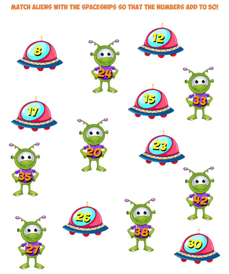 Alien Match Worksheet Add to 50 - Mr. R.'s World of Math
