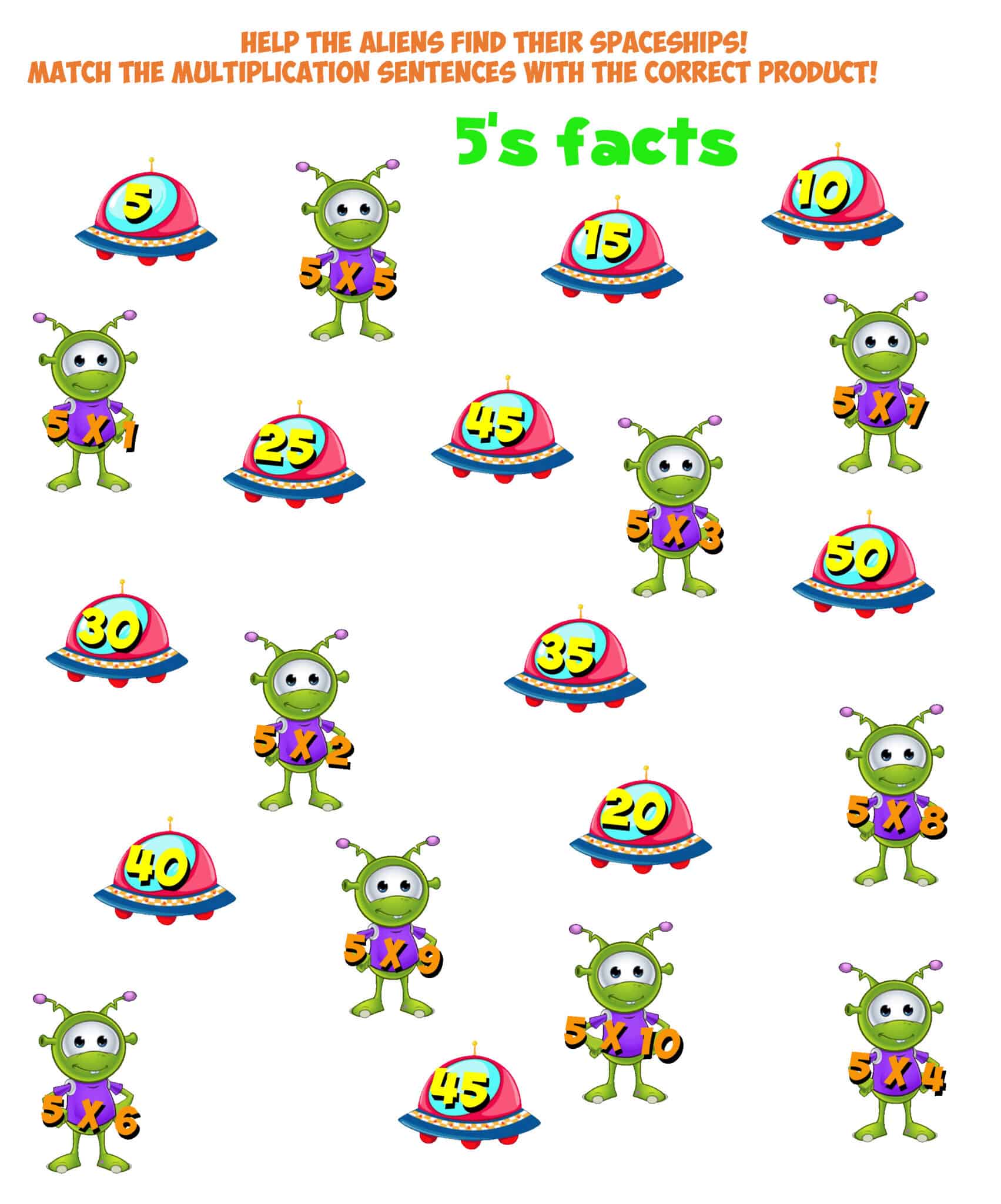 Alien Match Worksheet 5s Multiplication Facts – Mr. R.'s World of Math