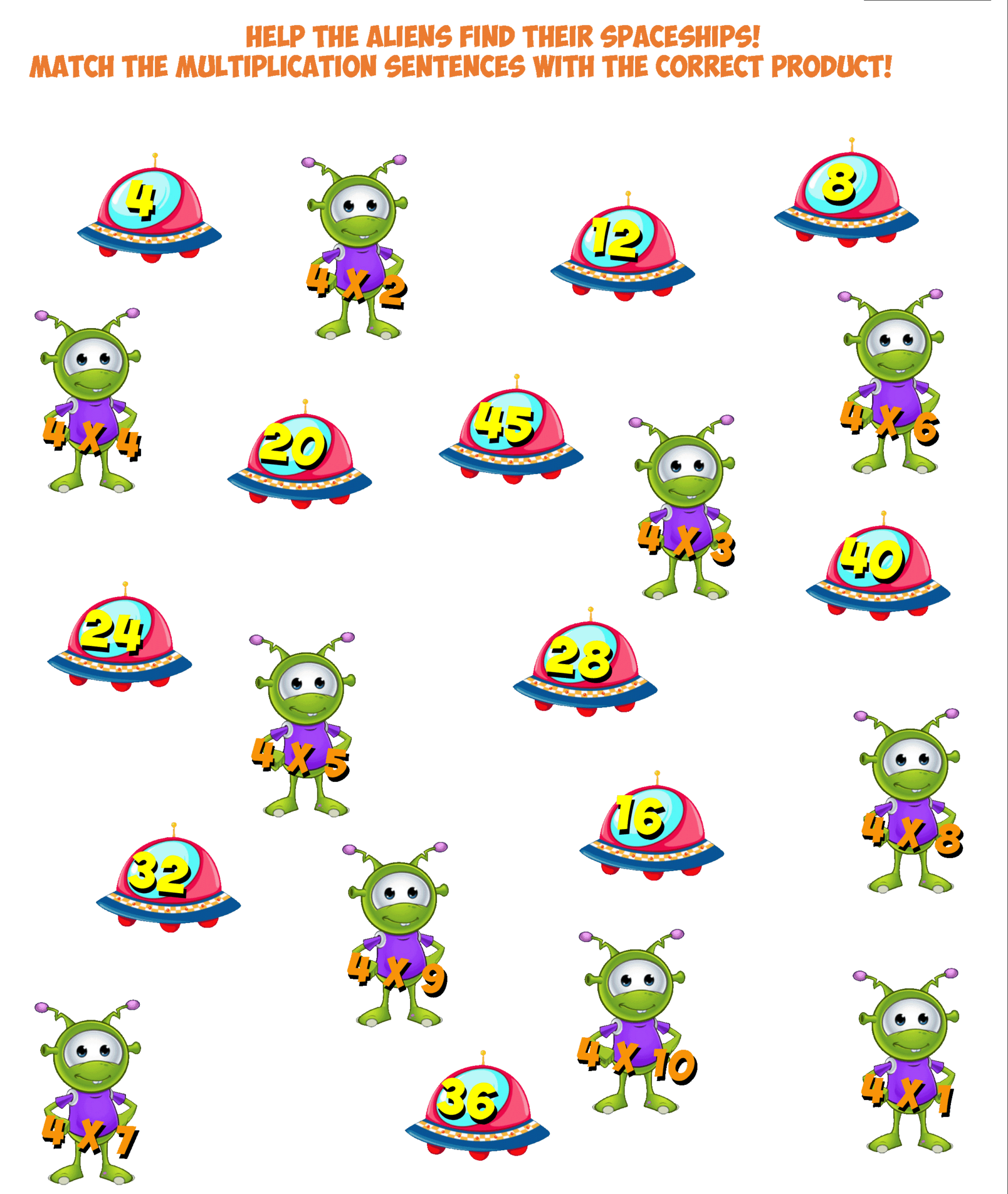 Alien Match Worksheet 4X Multiplication Facts – Mr. R.'s World of Math