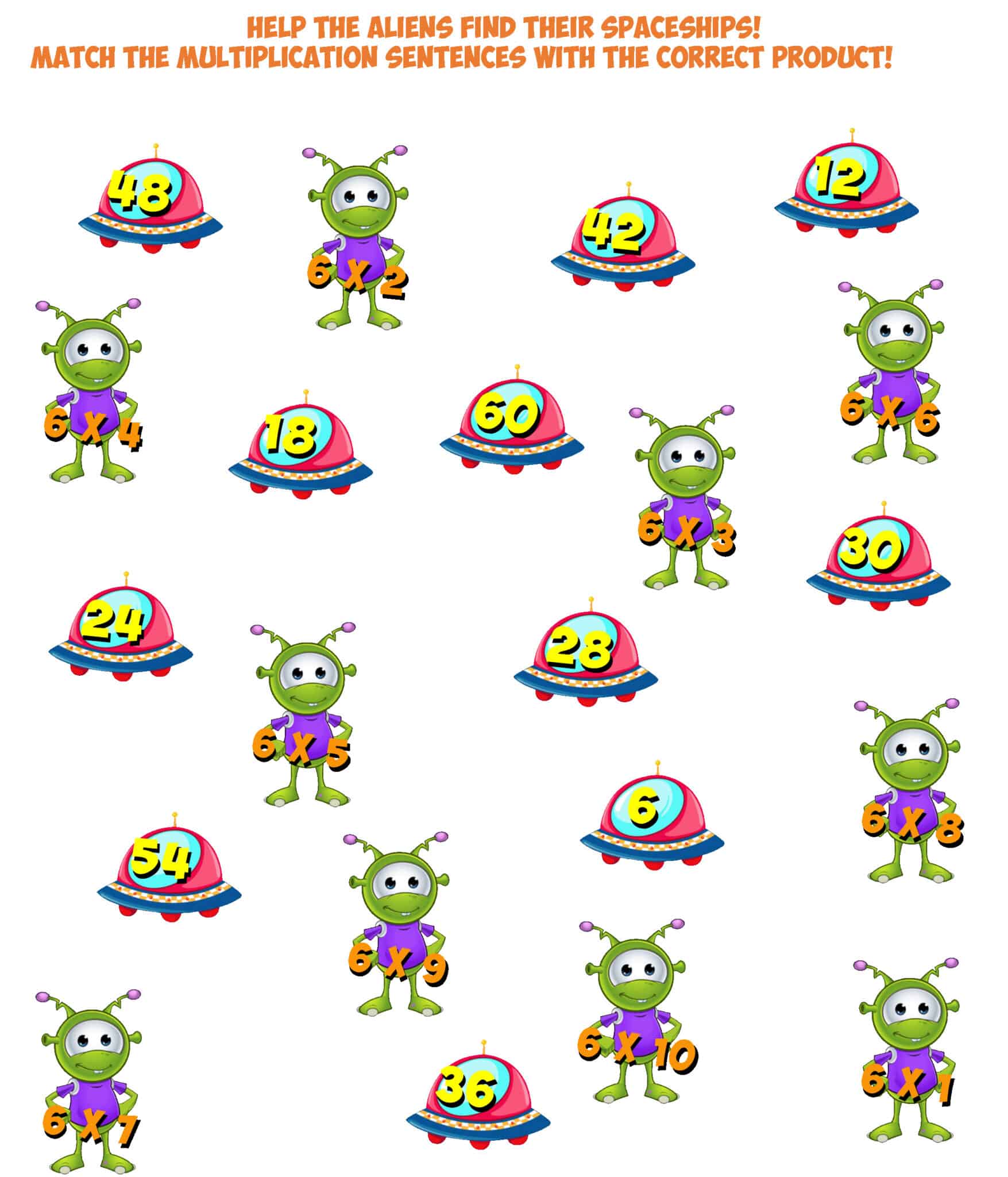 Alien Match Worksheet 6X Multiplication Facts - Mr. R.'s World of Math