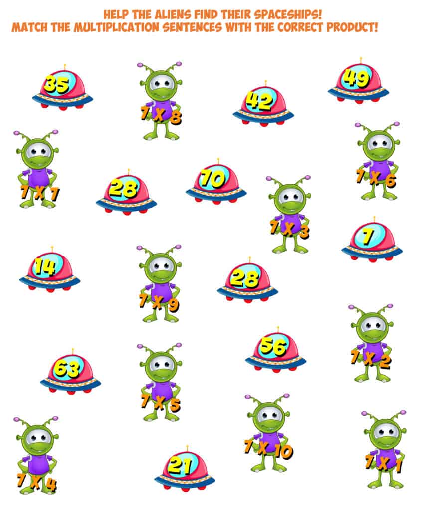 Alien Match Worksheet 7X Multiplication Facts – Mr. R.'s World of Math