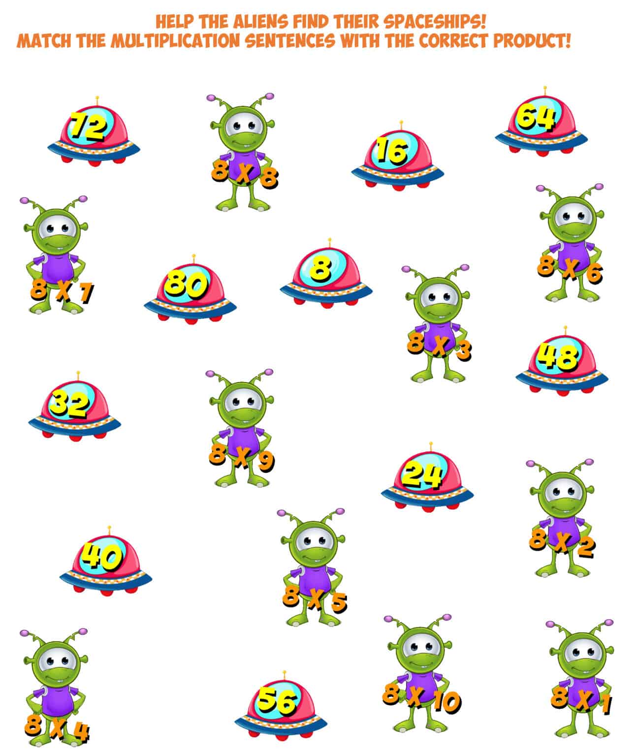 Alien Match Worksheet 8X Multiplication Facts - Mr. R.'s World of Math