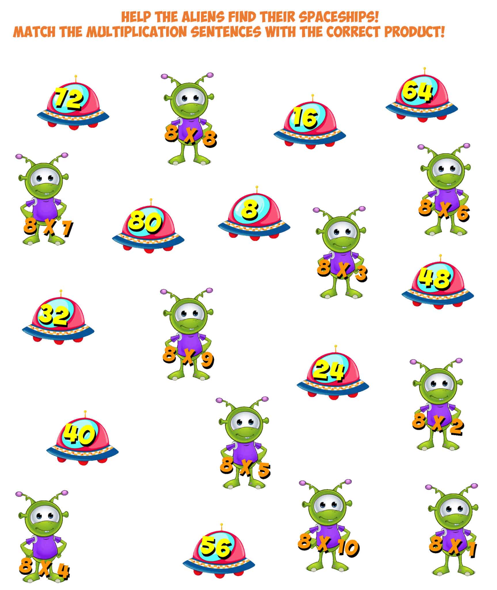 Alien Match Worksheet 8X Multiplication Facts – Mr. R.'s World of Math