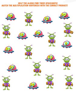 Alien Match Worksheet 9X Multiplication Facts - Mr. R.'s World of Math