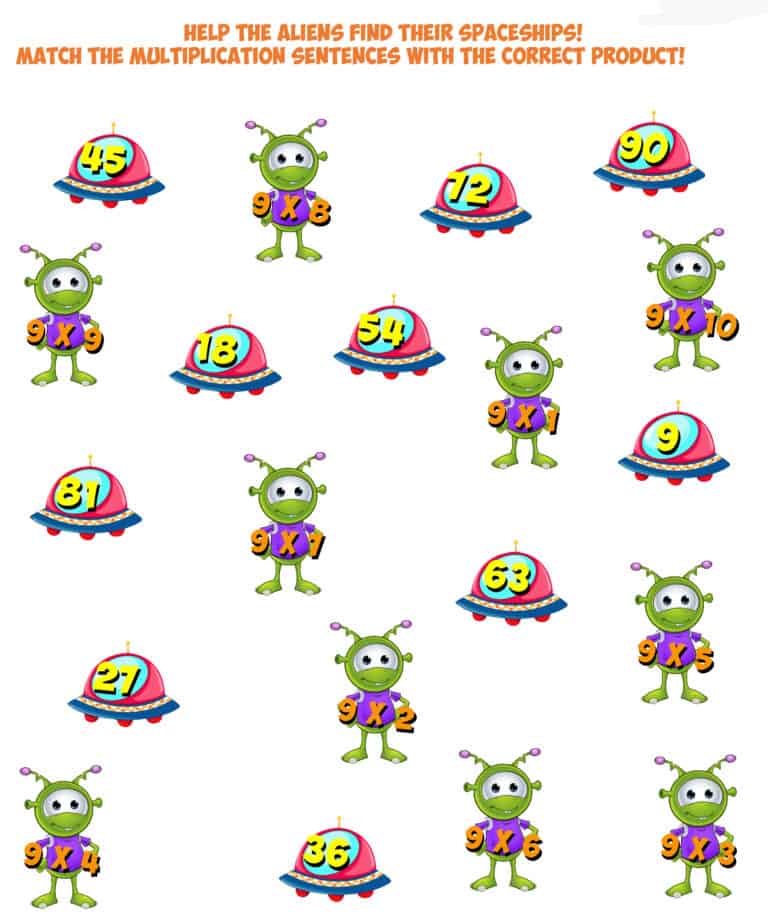Alien Match Worksheet 9X Multiplication Facts - Mr. R.'s World of Math