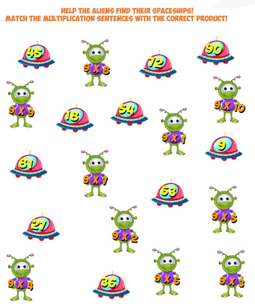 Alien Match Worksheet 9X Multiplication Facts - Mr. R.'s World of Math