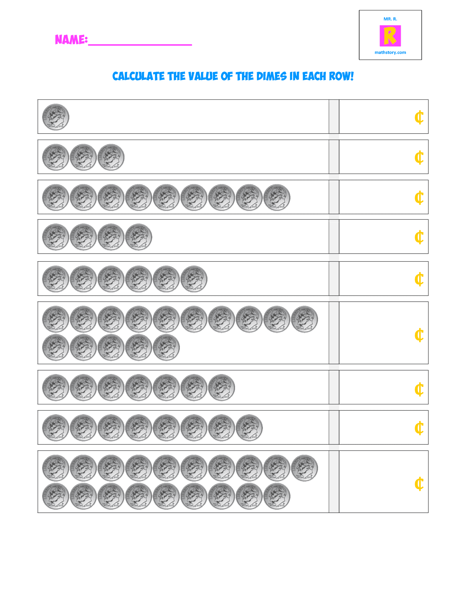 Coin Value Sheet Dimes – Mr. R.'s World of Math